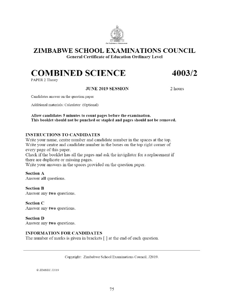 Zimsec O Level Combined Science June 2019 Past Exam Paper 2 .PDF ...