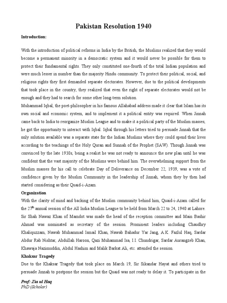 Pakistan Resolution 1940: Prof: Zia Ul Haq | PDF | South Asia | Pakistan