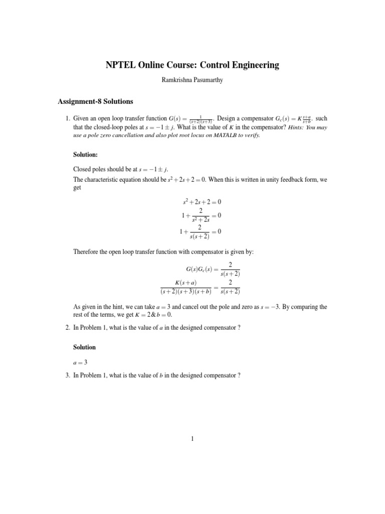 NPTEL Online Course: Control Engineering Assignment-8 Solutions | PDF | Electrical Engineering ...