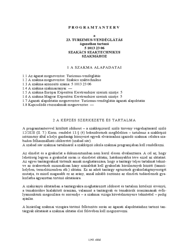 PTT Turizmus-Vendeglatas Agazat Szakacs Szaktechnikus 2020pdf-1592816022886 | PDF