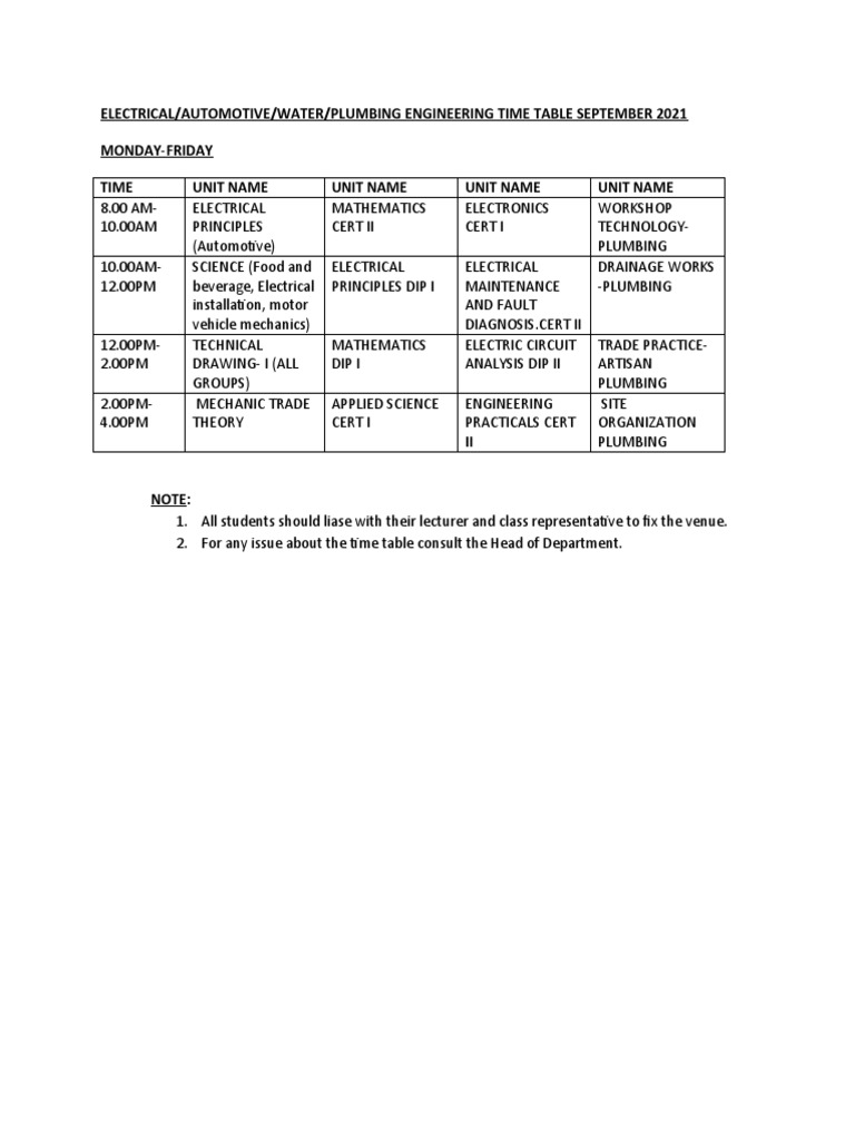 Engineering Timetable September2021 | PDF
