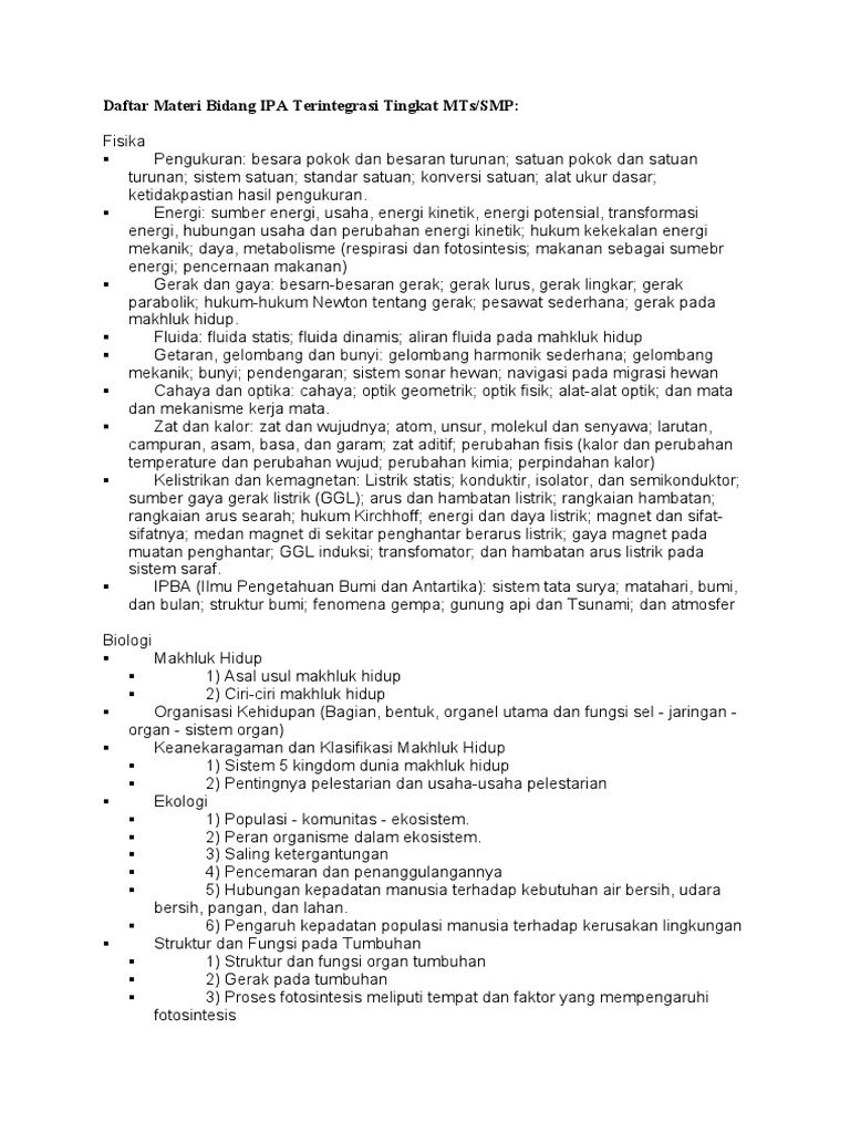Daftar Materi Bidang IPA Terintegrasi Tingkat MTs | PDF | Sains & Matematika
