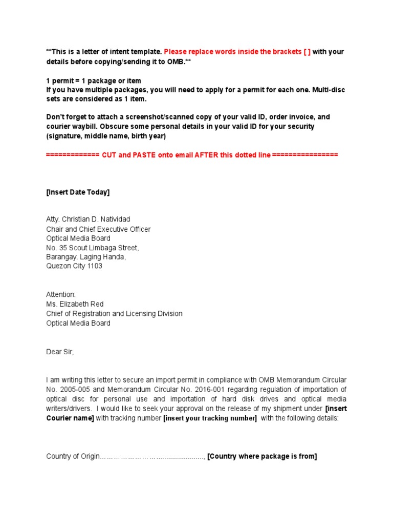 OMB Letter of Intent Template Import Permit | PDF