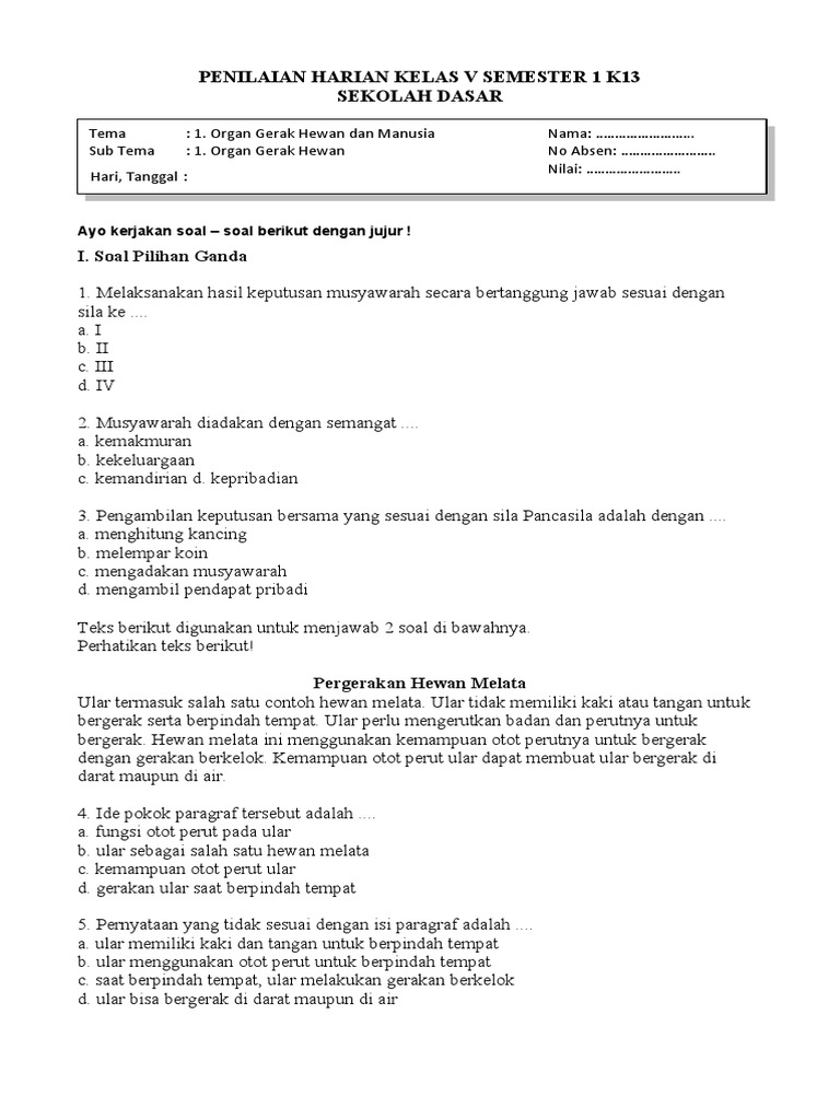 Soal Penilaian Harian Kelas 5 Tema 1 Subtema 1 | PDF