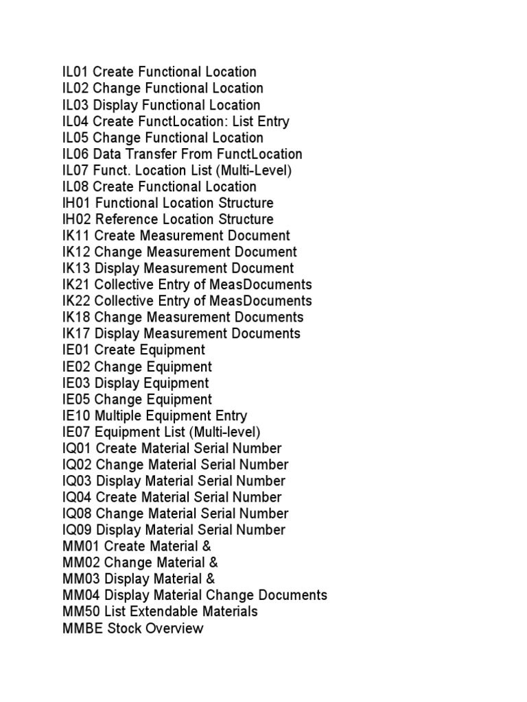 SAP PM Transaction Codes | PDF | Computing | Software Engineering