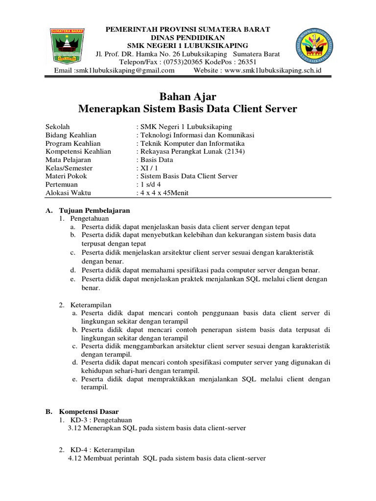 Bahan Ajar Kompetensi Dasar SQL Pada Sistem Basis Data Client Server | PDF