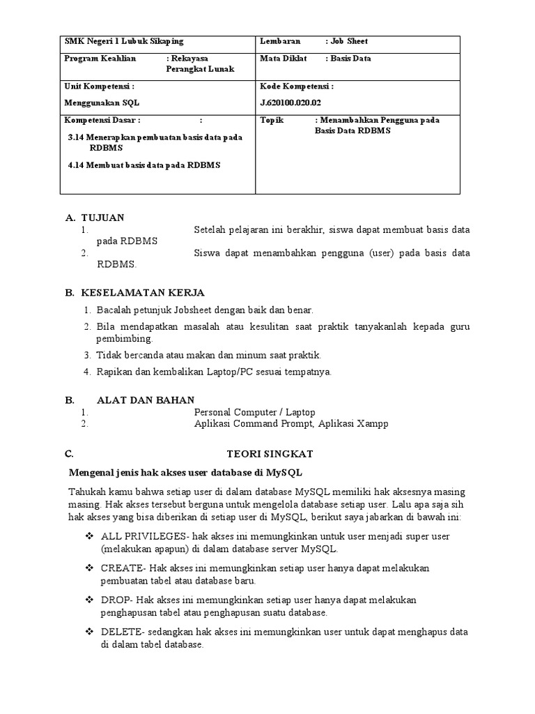 Jobsheet Membuat Basis Data RDBMS | PDF