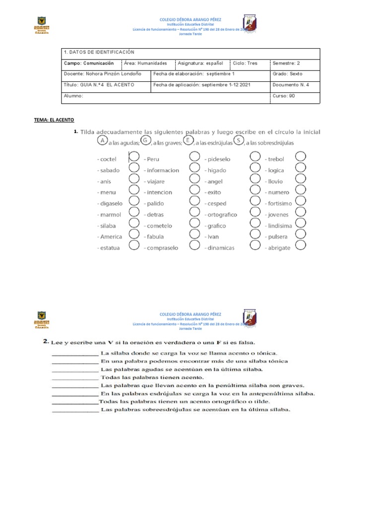 Actividades de acentuación en español 6° | PDF