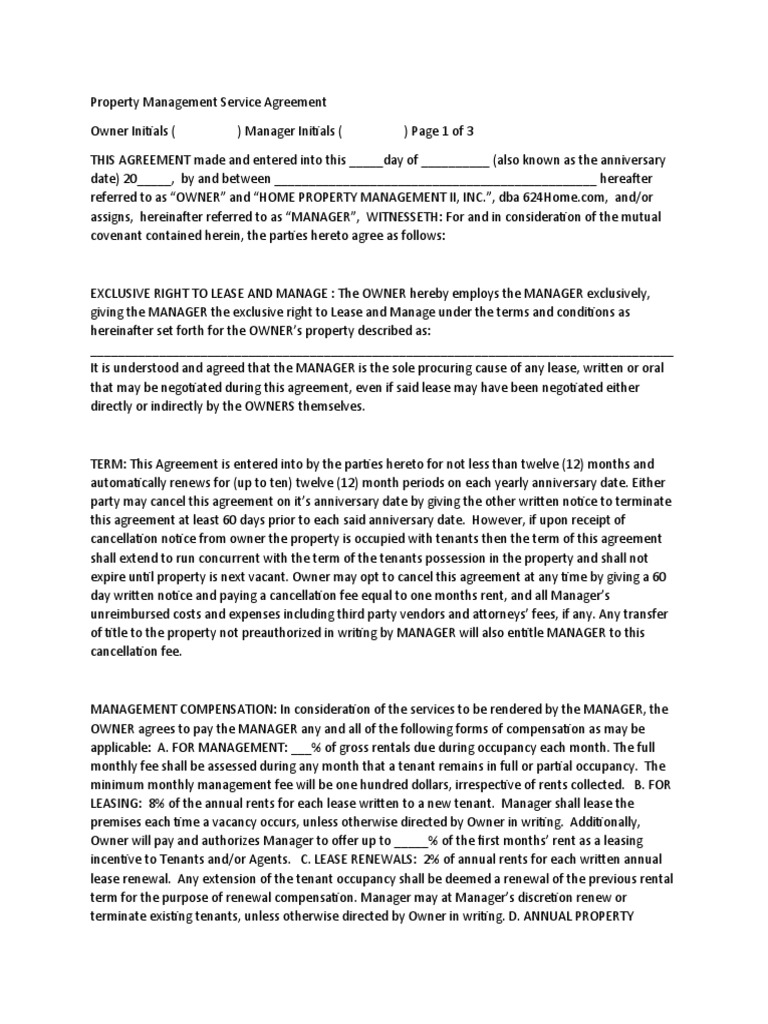 Property Management Service Agreement | PDF | Lease | Leasehold Estate