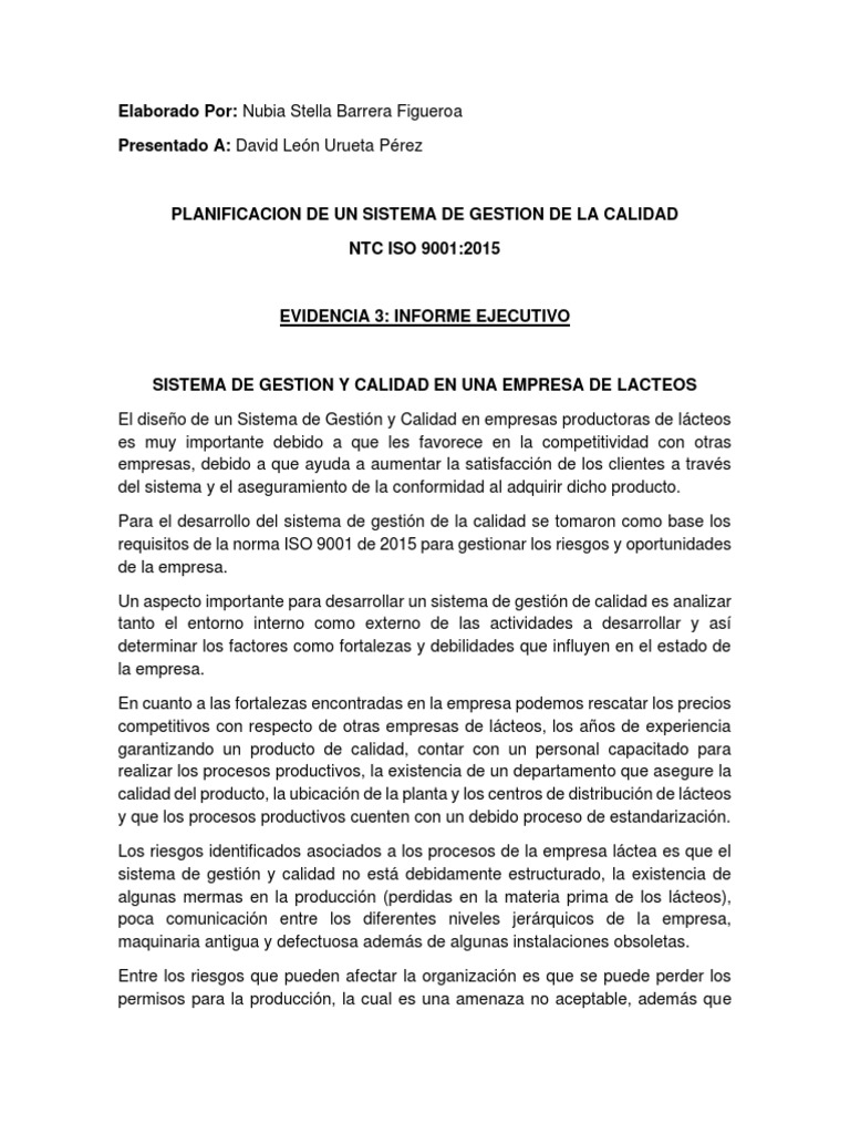 Evidencia 3 Informe Ejecutivo | PDF | Calidad (comercial) | Gestión de la calidad