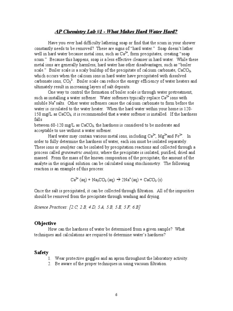AP Chemistry Lab #1 - What Makes Hard Water Hard?: Objective | PDF ...