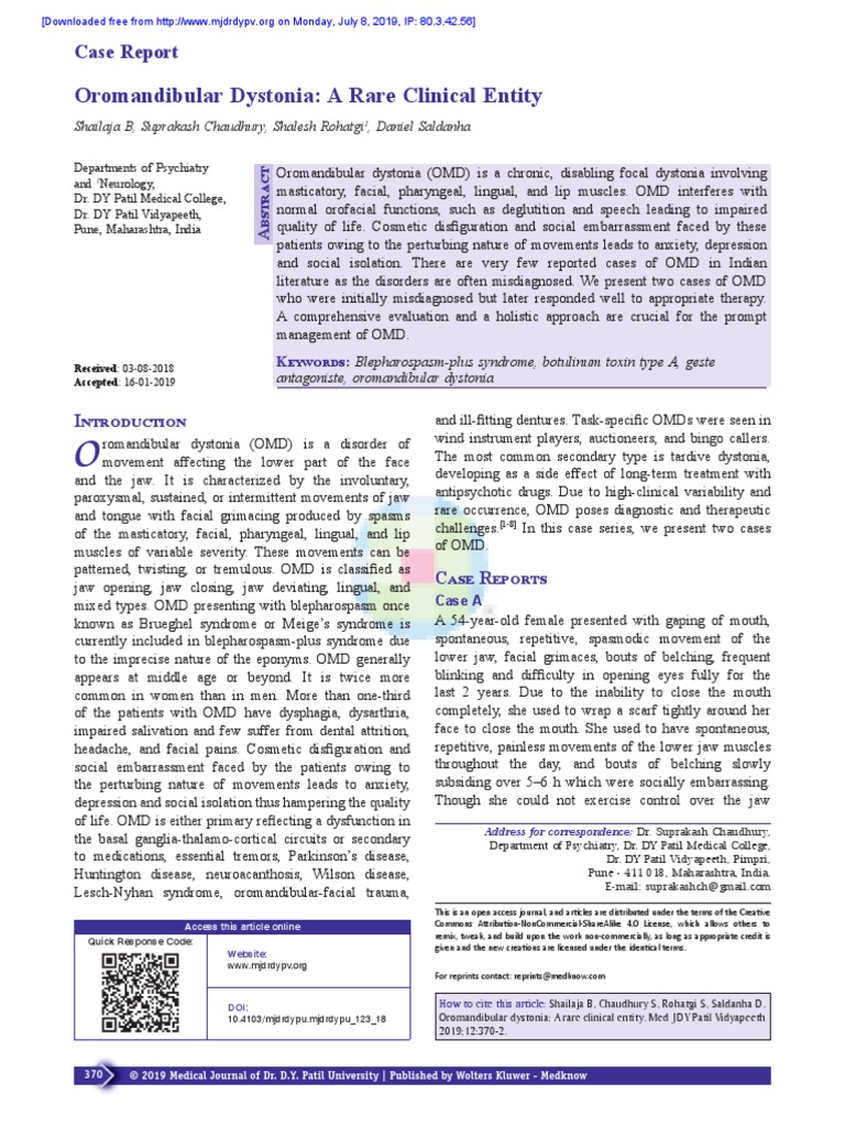 Oromandibular Dystonia A Rare Clinical Entity | PDF | Dystonia | Mental ...