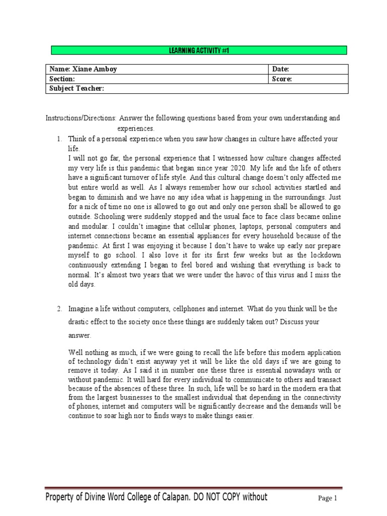 Module 1 2 Ucsp 1 Activities | PDF | Internet | Sociology