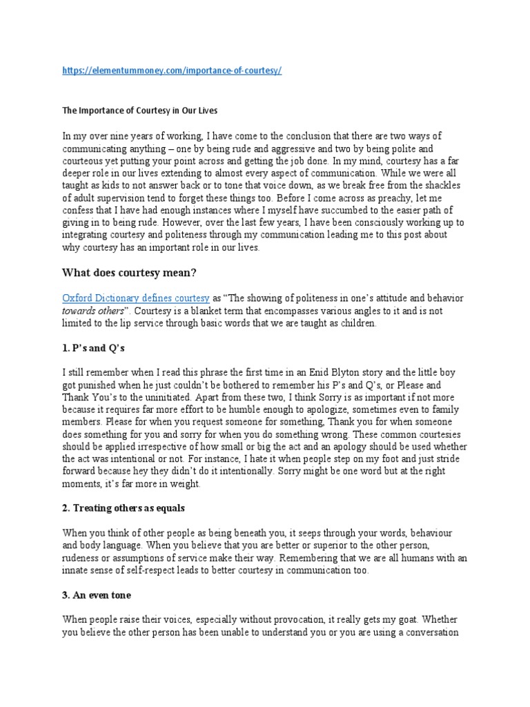 What Does Courtesy Mean?: The Importance of Courtesy in Our Lives | PDF