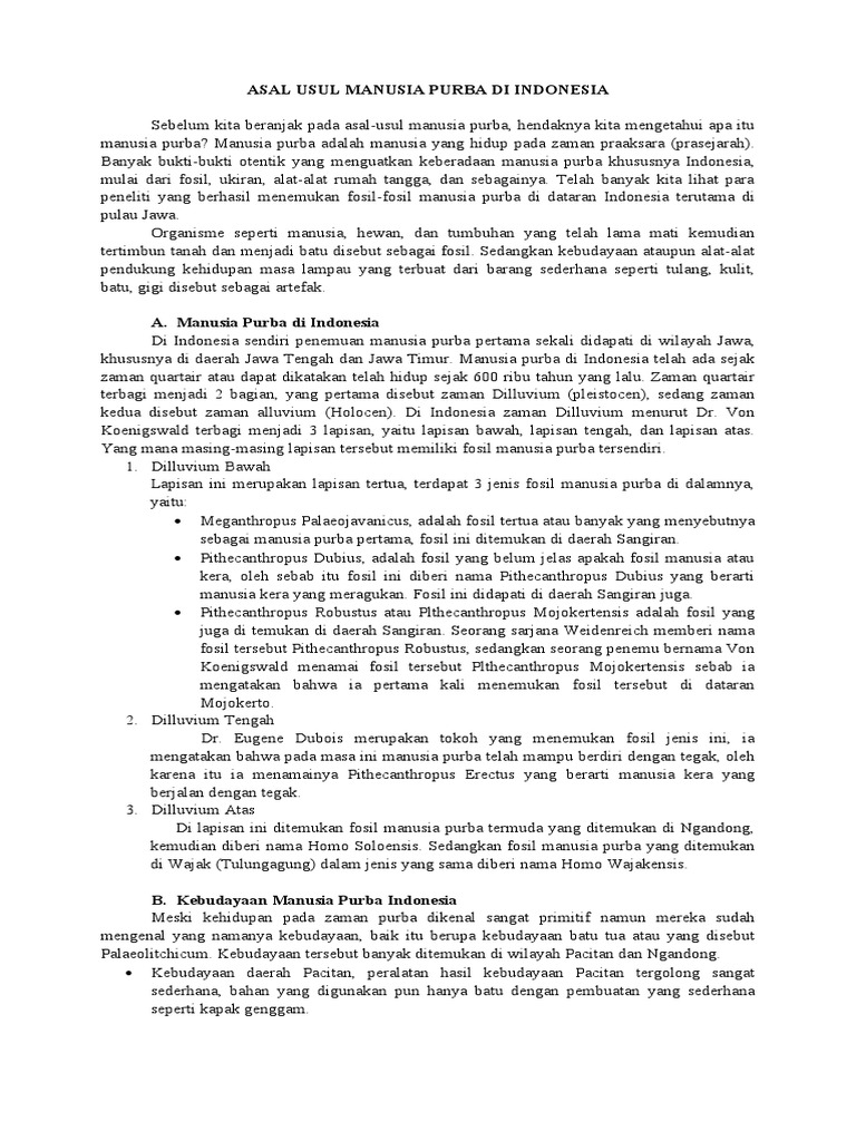 Asal Usul Manusia Purba Di Indonesia | PDF
