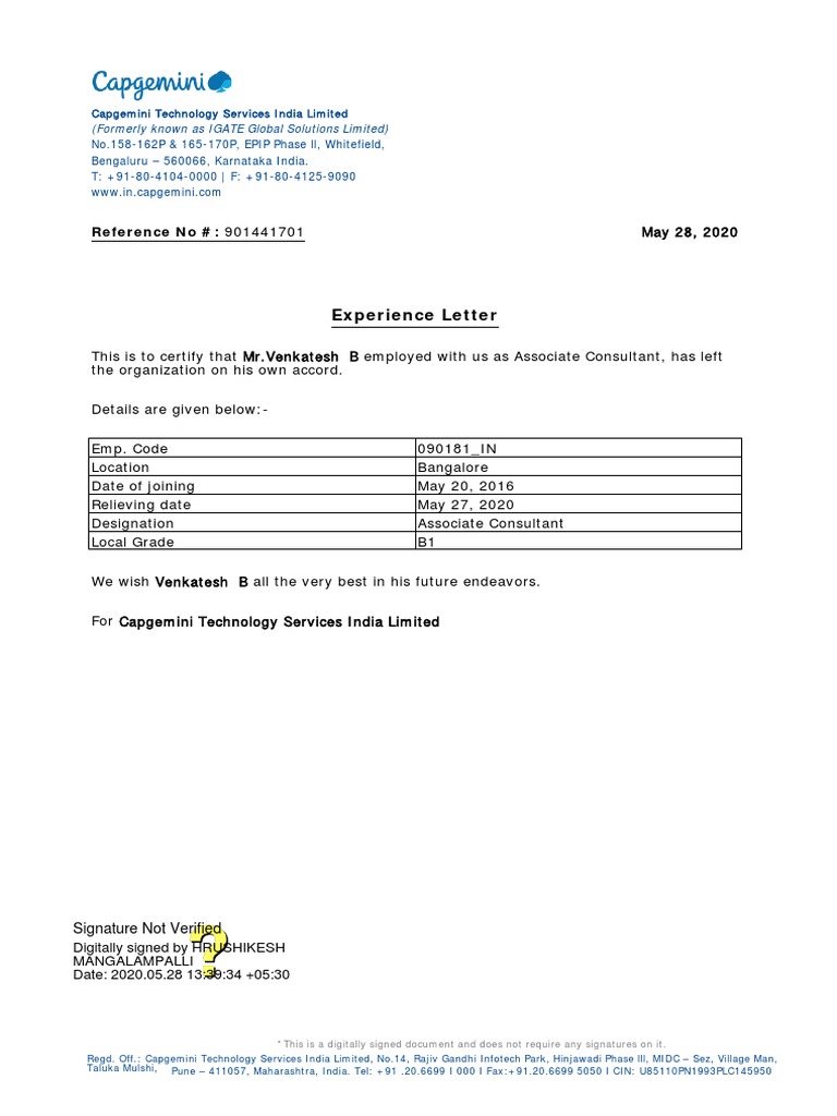 Experience Letter: Reference No #: 901441701 | PDF