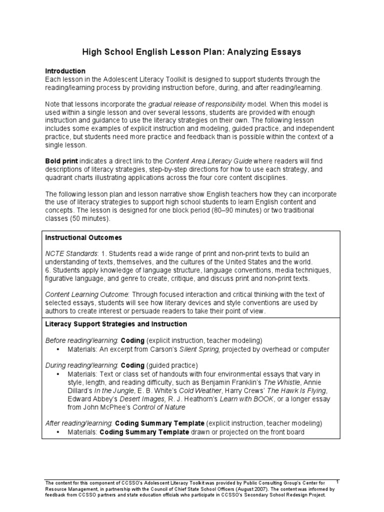 HIgh School English Lesson Plan Free PDF Template | PDF | Essays ...