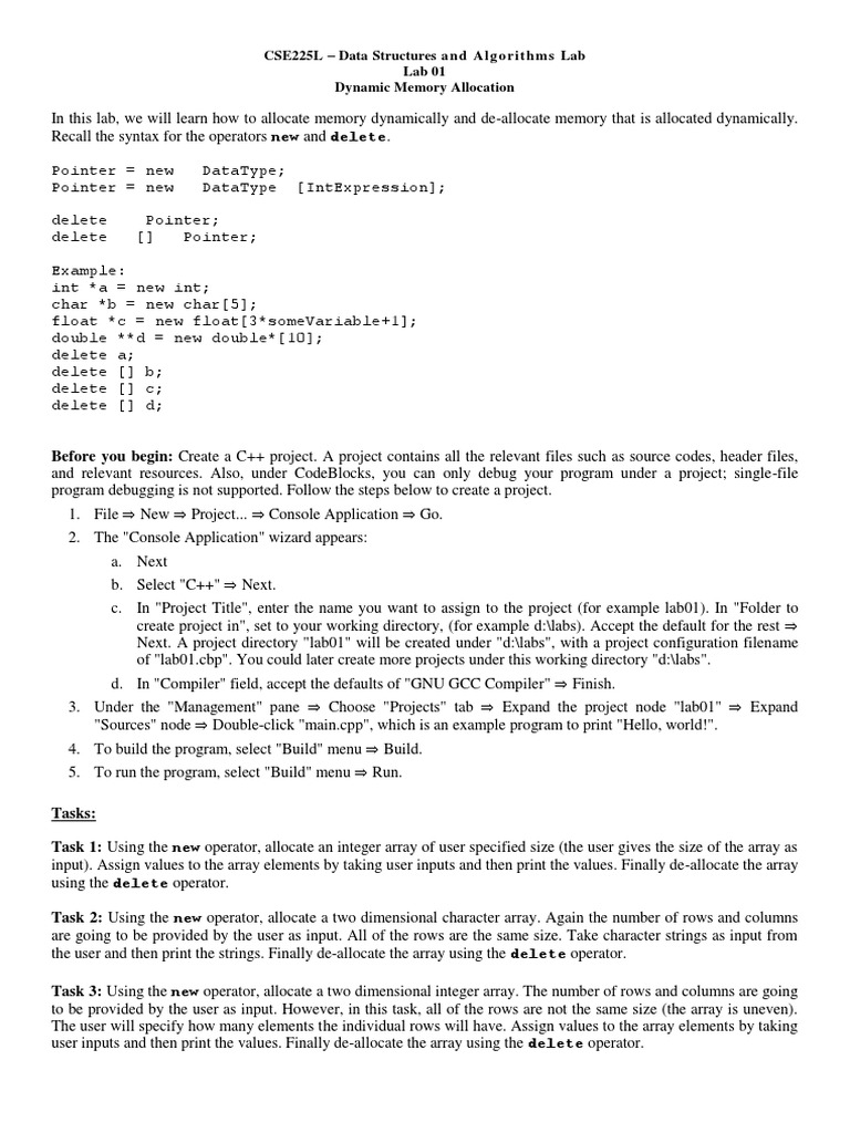 Cse225L-Datastructures and Algorithms Lab Lab 01 Dynamic Memory ...