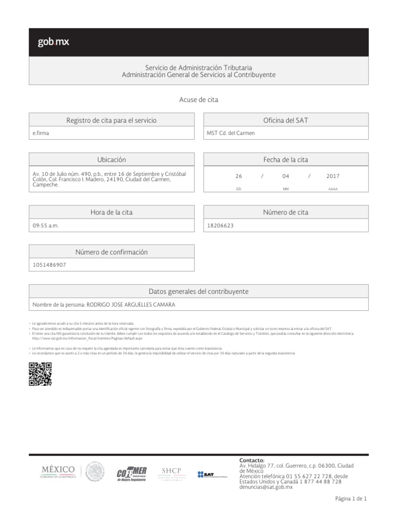 Acuse de Cita SAT: Detalles y Requisitos | PDF | Gobierno