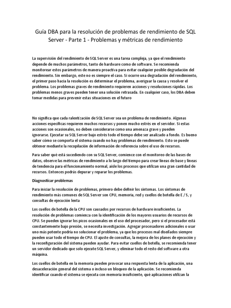 Guía DBA para La Resolución de Problemas de Rendimiento de SQL Server Parte 1 | PDF | Caché ...