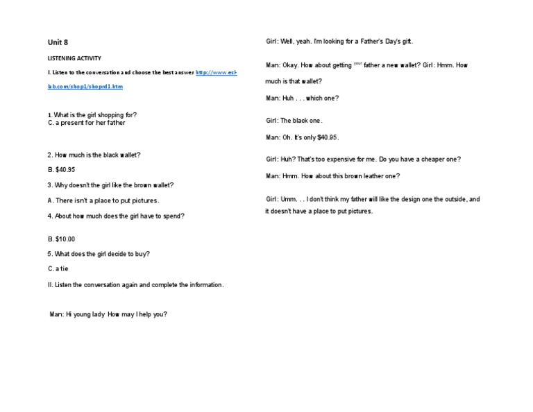 Listening Activity Unit 8 | PDF