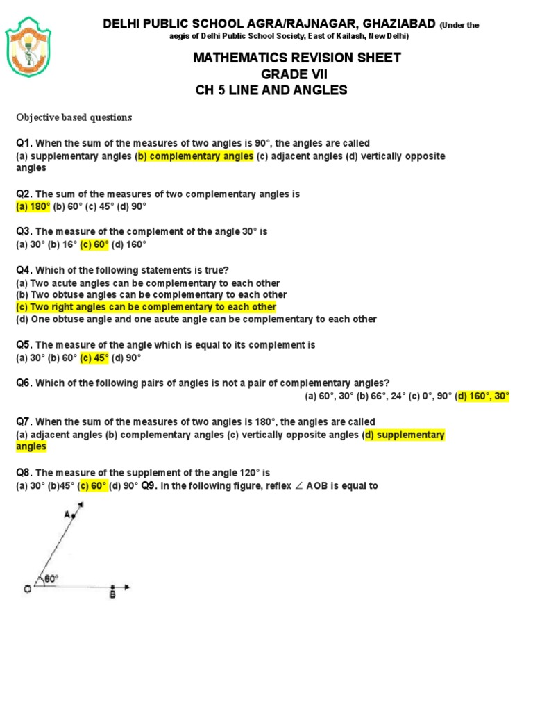 Grade 7 - Ch. 5 LINES AND ANGLES - Revision Worksheet | PDF | Angle ...