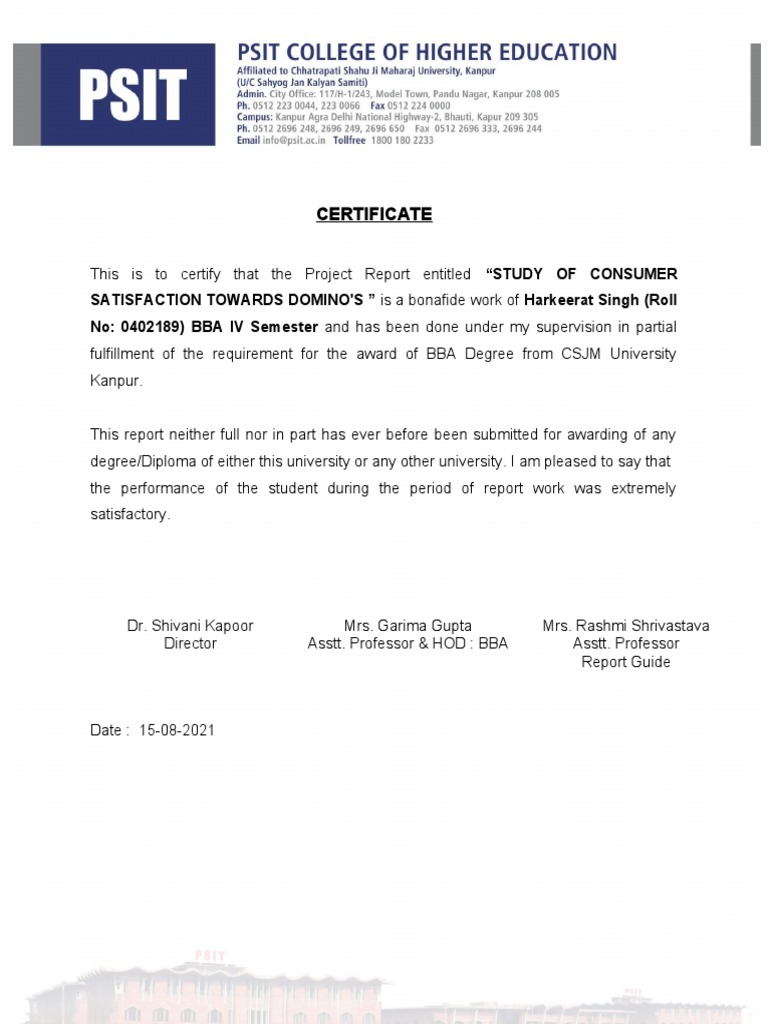 Certificate of Project Report of BBA 3rd Yr. | PDF