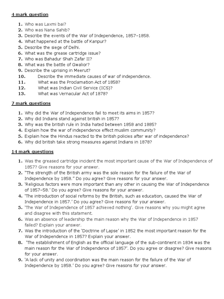 War of Independence Notes O Levels Pakistan Studies | PDF