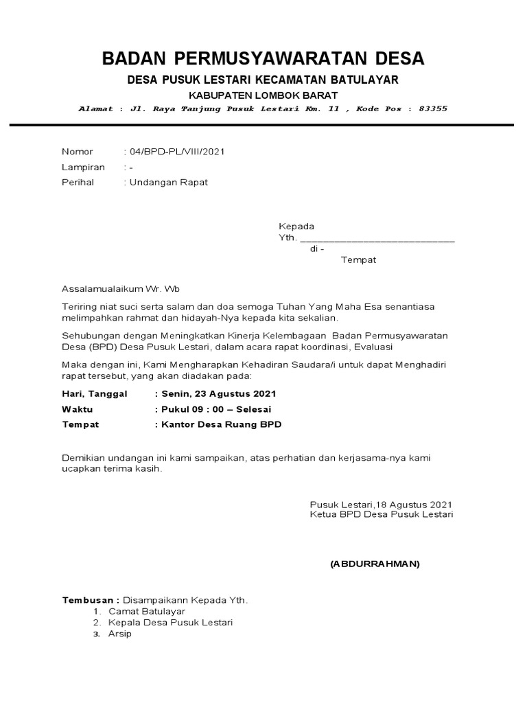 Surat Undangan Rapat BPD | PDF