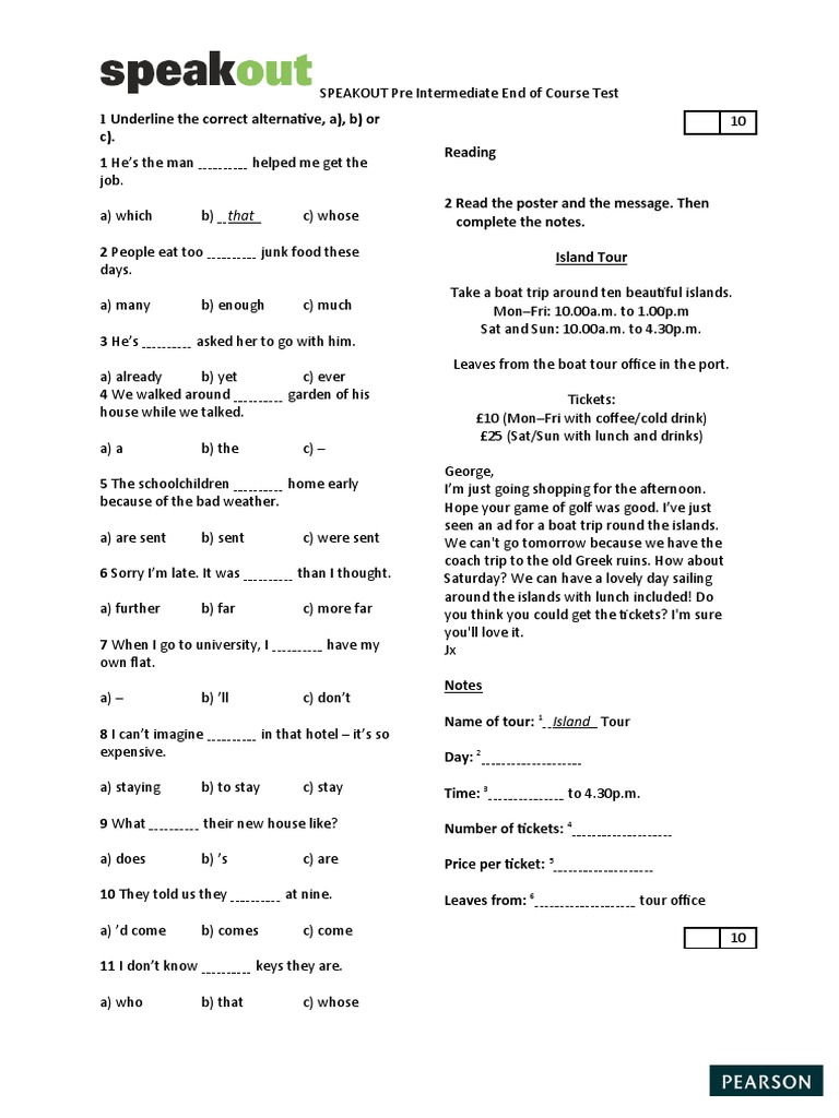 Speakout Pre Intermediate End of Course Test Without Listening | PDF