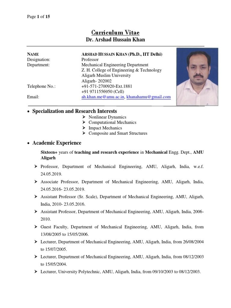 Curriculum Vitae: Dr. Arshad Hussain Khan | PDF | Mechanical Engineering | Doctor Of Philosophy