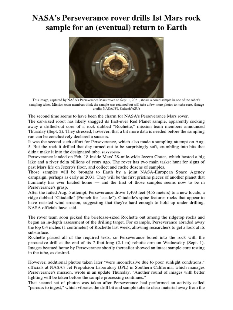 NASA's Perseverance Rover Drills 1st Mars Rock Sample For An (Eventual ...