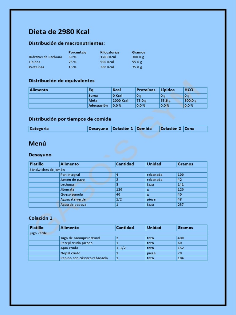 DIETA DE 2990 Kcals | PDF | Alimentos | Comida y bebida