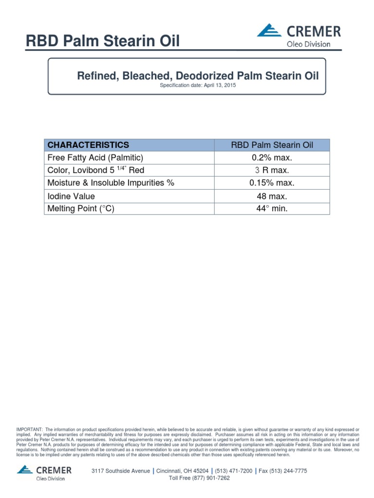 Refined, Bleached, Deodorized Palm Stearin Oil | PDF
