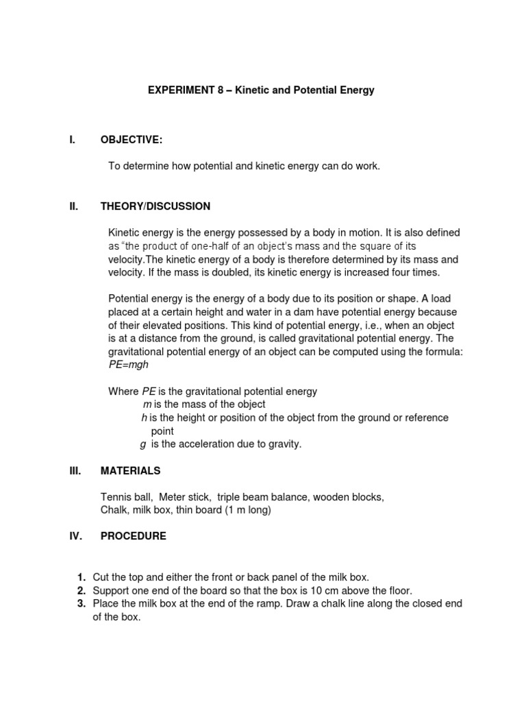 The Relationship Between Potential and Kinetic Energy: An Experiment ...