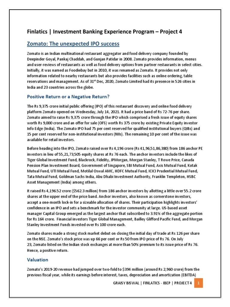 Zomato: The Unexpected IPO Success: Finlatics - Investment Banking Experience Program - Project ...