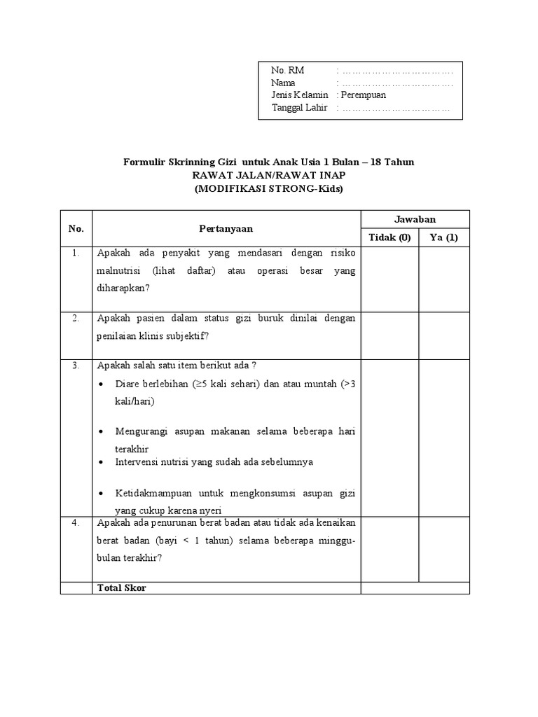 Formulir Skrinning Gizi Untuk Anak Strong Kids | PDF