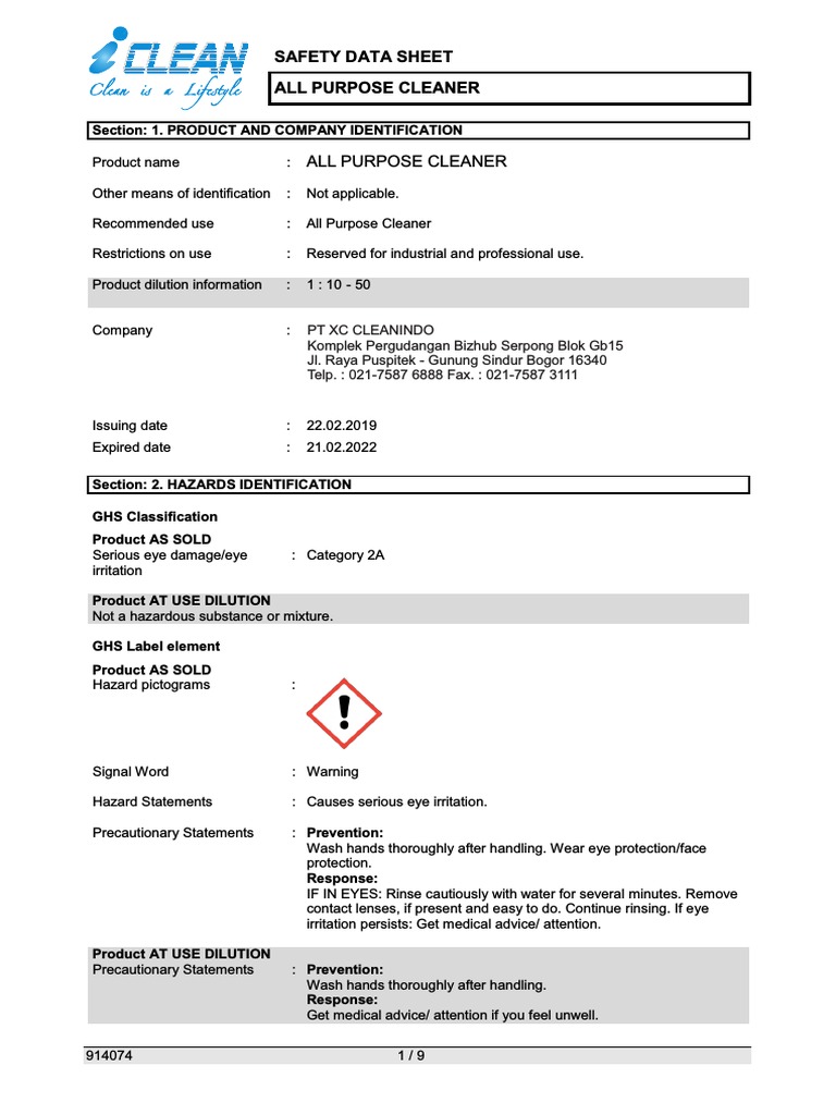 Safety Data Sheet All Purpose Cleaner | PDF | Personal Protective Equipment | Toxicity