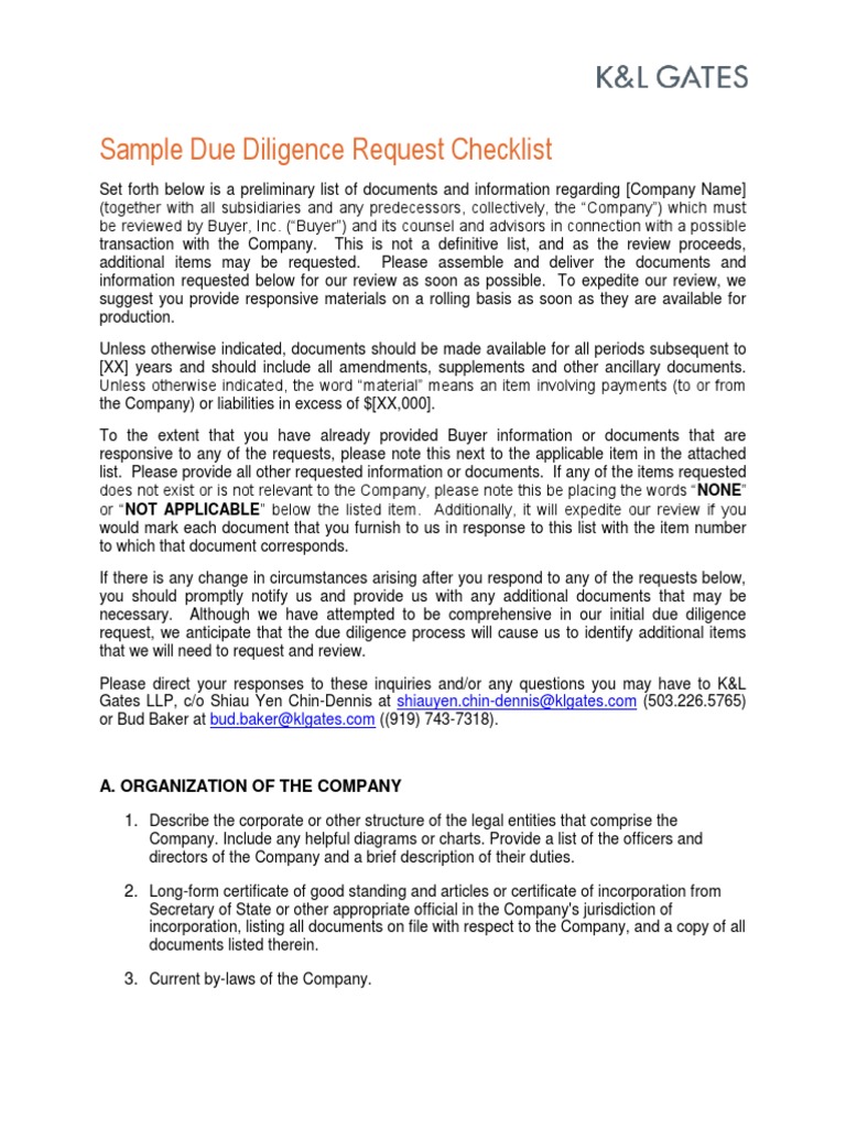 Sample Due Diligence List | PDF | Lease | Insurance