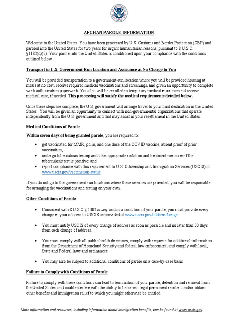 Afghan Parole Information Sheet | PDF | Justice | Crime & Violence