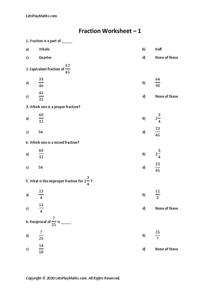 Fraction Worksheet - 1 | PDF | Numbers | Notation