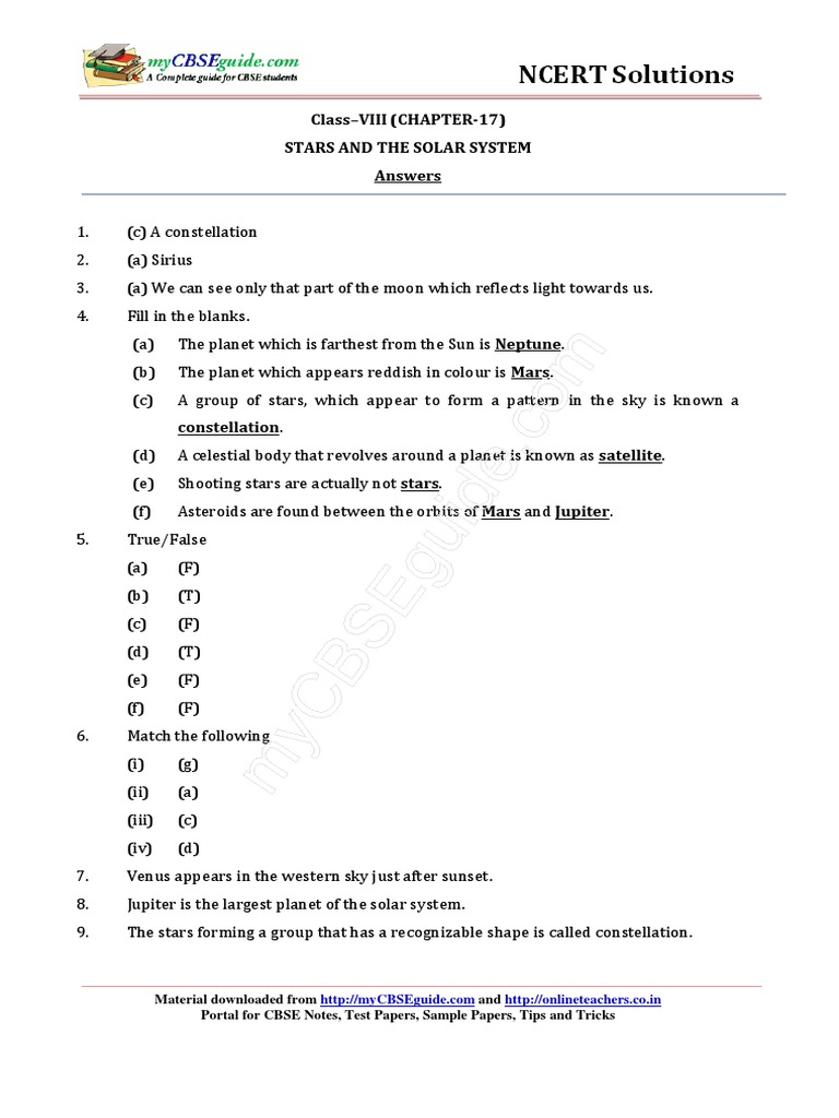 Class-VIII (CHAPTER-17) Stars and The Solar System Answers | PDF ...