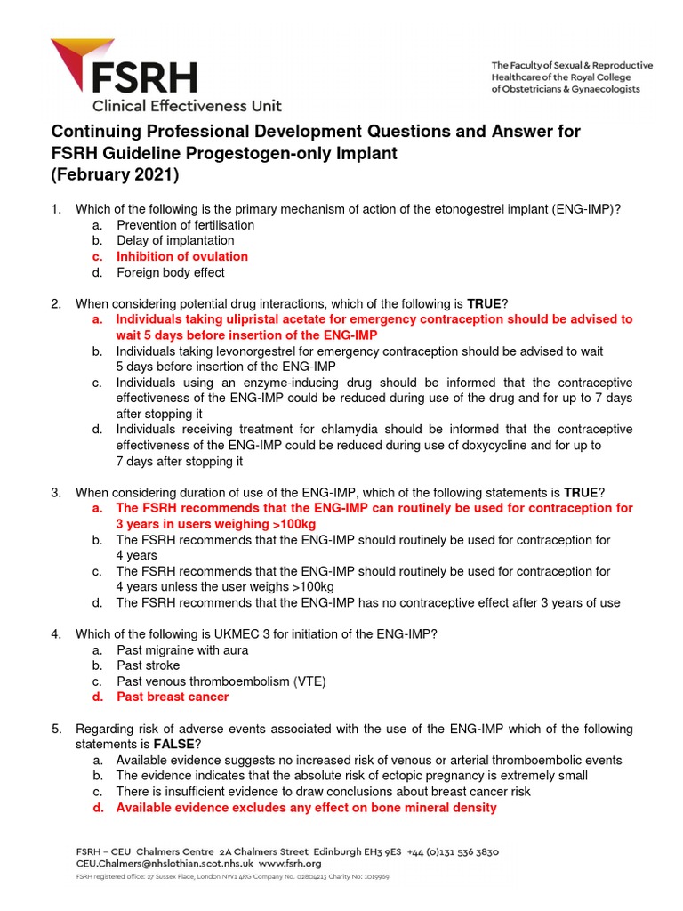 Continuing Professional Development Questions and Answer For FSRH ...