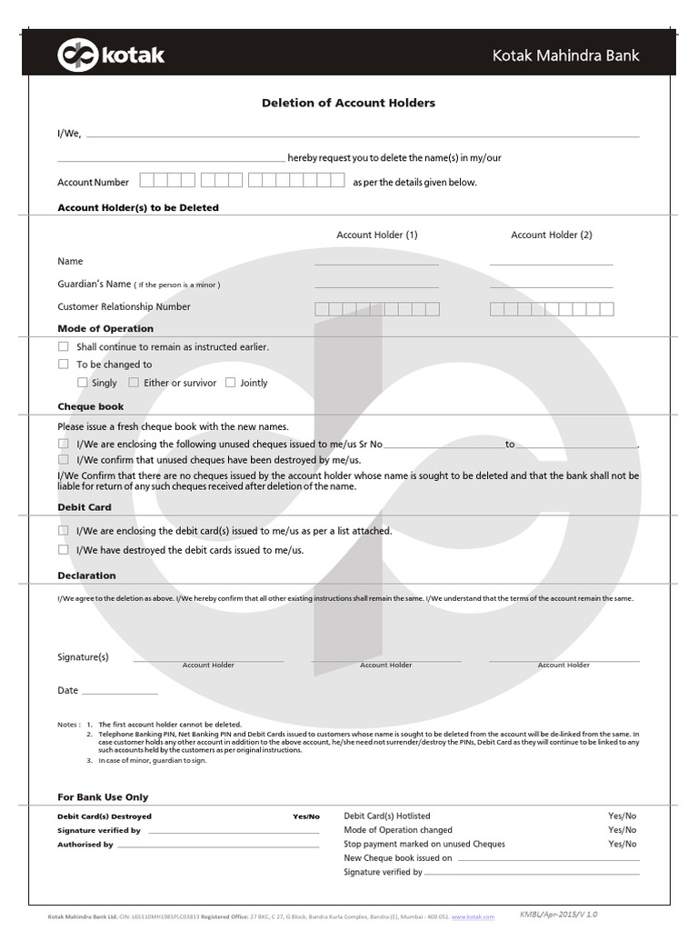 Account Holder Deletion Request Form | PDF | Cheque | Debit Card