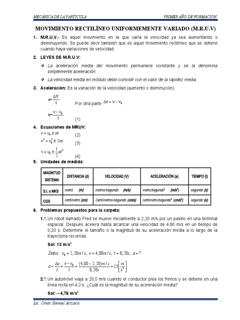 Movimiento Rectilíneo Uniformemente Variado | PDF | Aceleración | Velocidad