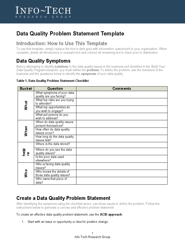 Data Quality Problem Statement Template: Introduction: How To Use This ...