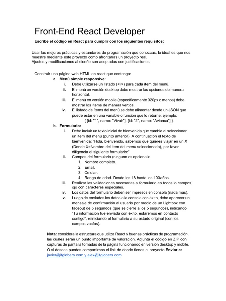 Front-End React Developer Prueba | PDF | HTML | Informática