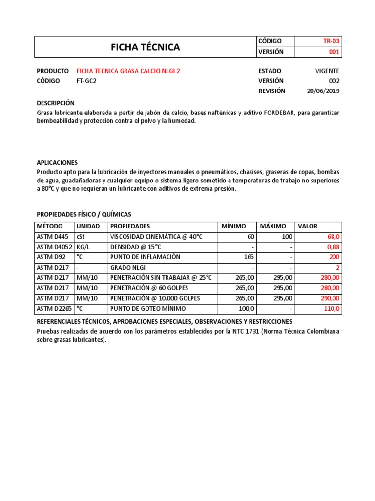 Ficha Técnica Grasa Calcio NLGI 2 | PDF