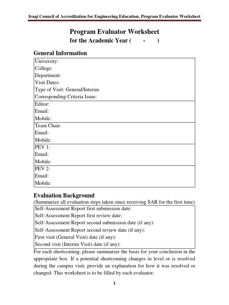 Program Evaluator Worksheet: For The Academic Year (-) General ...