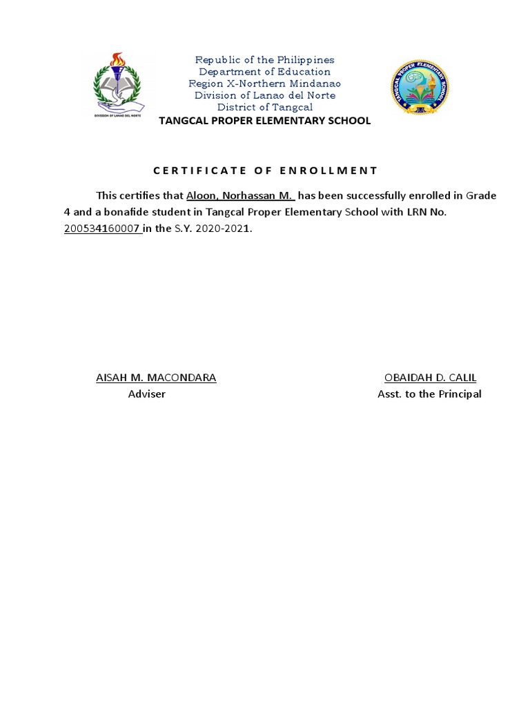 Certificate of Enrolment | PDF | Schools | Social Institutions